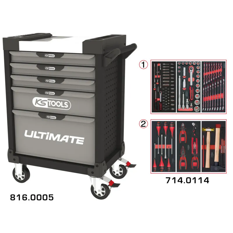 Servante 5 Tiroirs ULTIMATE + Composition 114 outils KS TOOLS